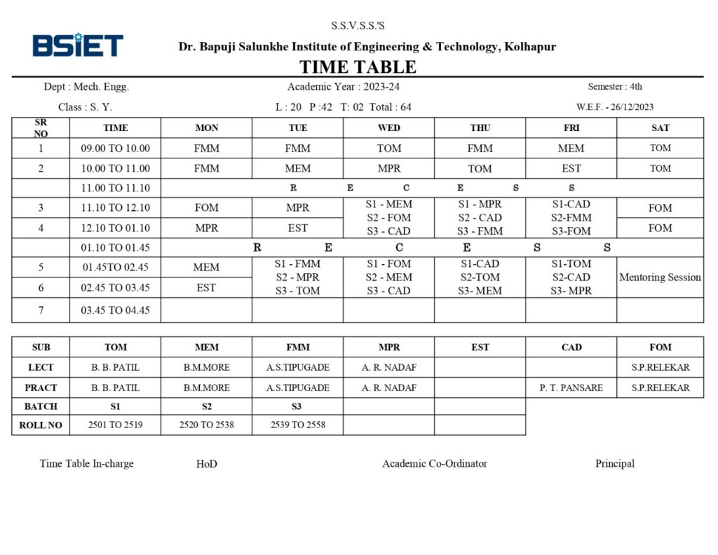 TImeTable – Department Of Mechanical Engineering