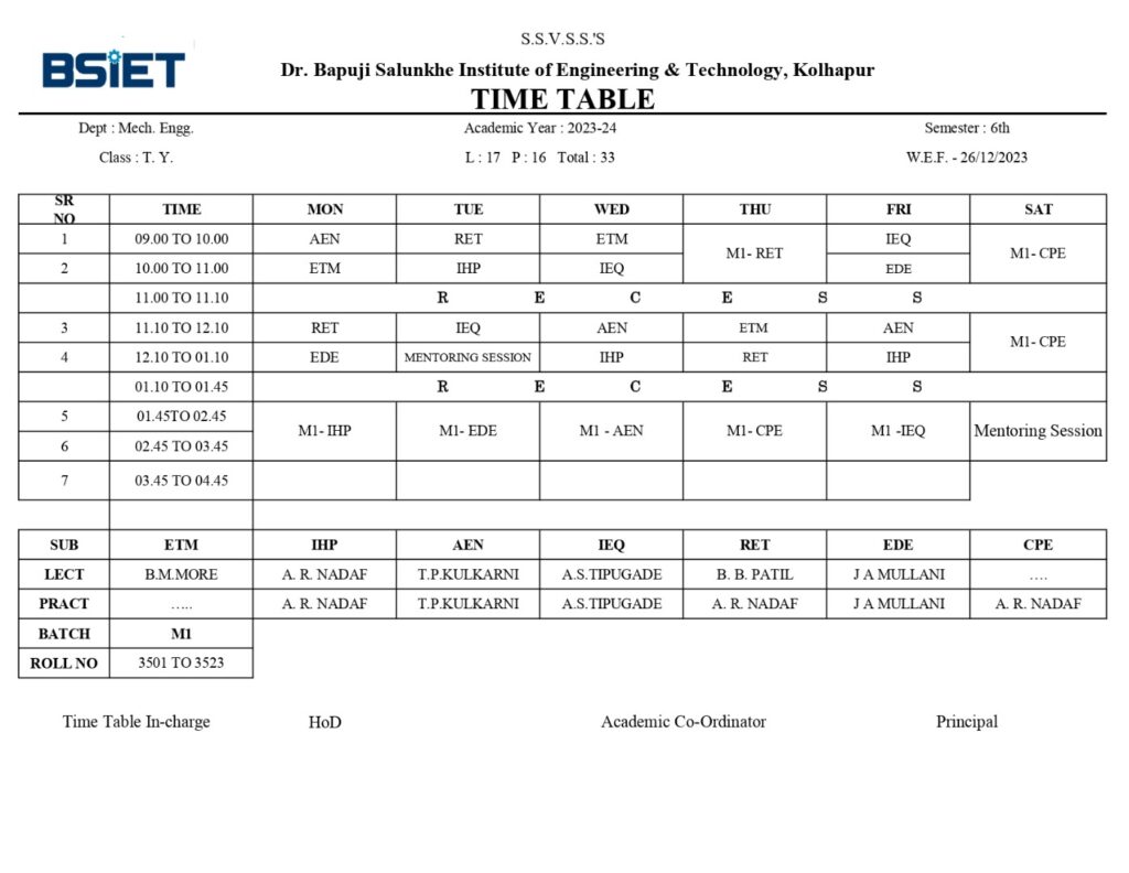TImeTable – Department Of Mechanical Engineering