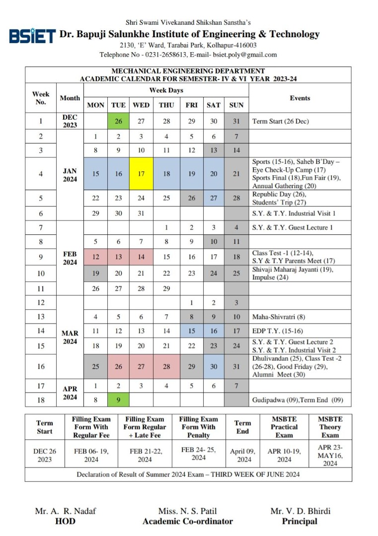 Academic Calender – Department Of Mechanical Engineering